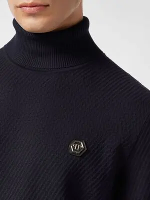 Philipp Plein Merino Wool And Silk Blend Turtleneck Sweater With Hexagon Monogram Logo - Navy