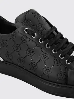 Philipp Plein Leather Sneakers With Rhinestone Hexagon - Black