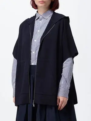 Max Mara Hooded Viscose Cape With Zip Closure - Navy