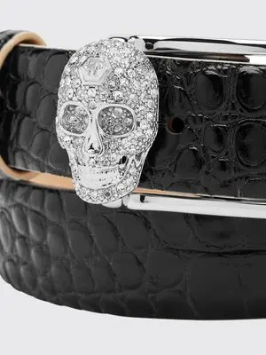 Philipp Plein Crocodile Print Leather Belt With Skull Embellishment
