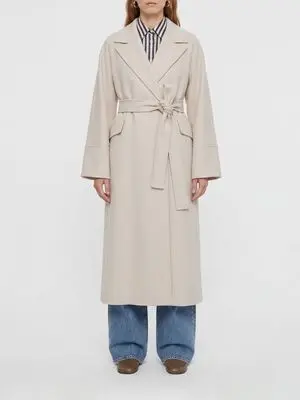 Max Mara Long Robe Coat In Pure Virgin Wool With Matching Belt - Beige