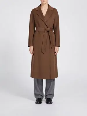 Max Mara Long Robe Coat In Pure Virgin Wool With Matching Belt - Brown