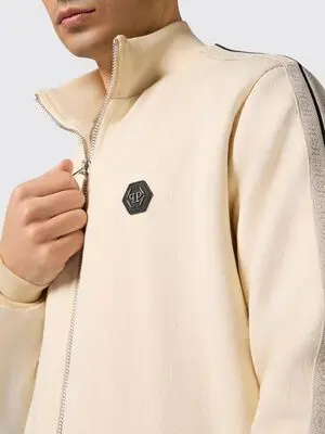 Philipp Plein Cotton Blend Zip Hoodie With Logo - Beige