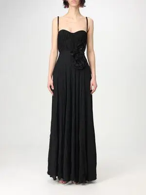 Elisabetta Franchi Gathered Maxi Dress With Floral Embellishment - Black