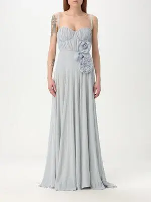 Elisabetta Franchi Ruched Maxi Dress With Floral Embellishment - Gnawed Blue