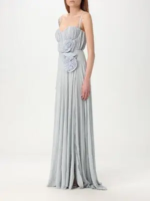 Elisabetta Franchi Ruched Maxi Dress With Floral Embellishment - Gnawed Blue
