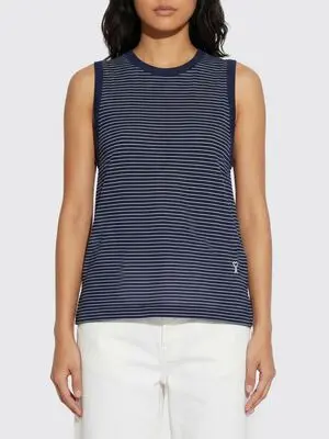 AMI Paris Striped Cotton Sleeveless Top - Blue