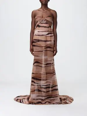 Elisabetta Franchi Animal Print Chiffon Long Dress - Camel