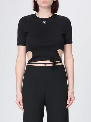 COURREGES Cotton Crop T-shirts With Logo - Black
