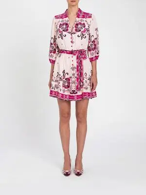 TWINSET Linen Blend Chemisier Dress With Ethnic Print - Fuchsia