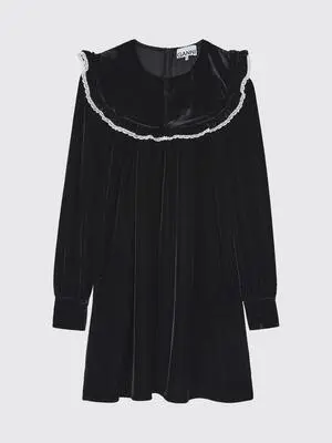 GANNI Velvet Mini Dress With Crewneck And Long Sleeves