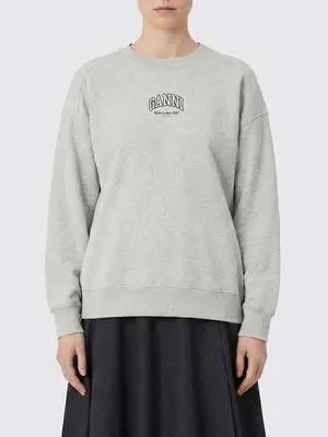 GANNI Relaxed Fit Cotton Sweatshirt With Dropped Shoulders And Printed Logo - Grey