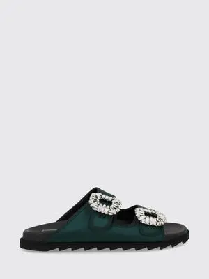 ROGER VIVIER Slidy Viv' Satin Sandals With Jewel Buckles - Green