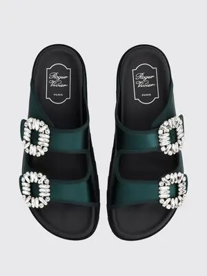 ROGER VIVIER Slidy Viv Satin Sandals With Jewel Buckles - Green