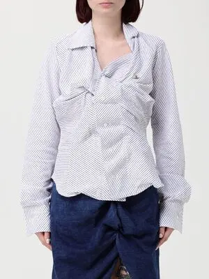 VIVIENNE WESTWOOD Asymmetric Striped Cotton Blend Shirt - Blue