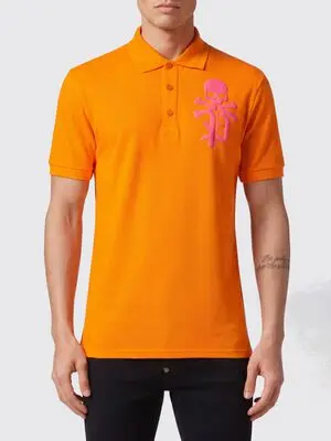 Philipp Plein Short-sleeve Cotton Polo Shirt With Skull Print And Logo - Orange