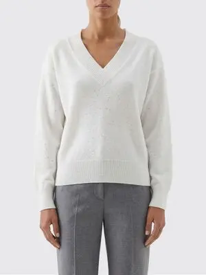 Brunello Cucinelli Linen And Cotton V-neck Knit With Sequins - White