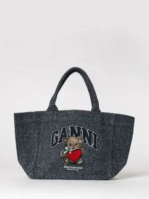GANNI Denim Large Bear Tote Bag In Organic Cotton Tweed - Blue