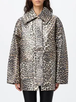 GANNI Leopard Print Waxed Cotton Canvas Jacket - Brown