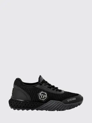 Philipp Plein Hexagon Runner Low-top Sneakers In Leather And Knit With Monogram - Black