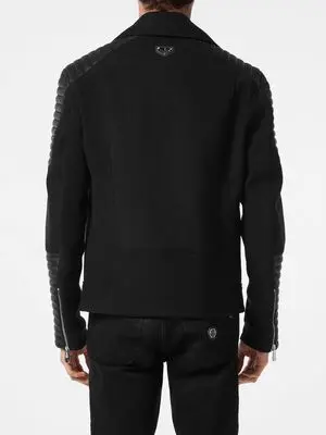 Philipp Plein Leather And Wool Biker Jacket With Lapels And Asymmetrical Zip