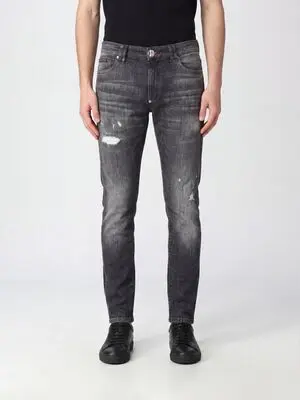 Philipp Plein Mid-rise Slim Fit Jeans In Distressed Cotton Denim - Grey