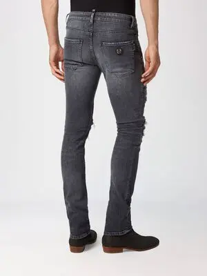 Philipp Plein Skinny Fit Cotton Denim Jeans With Distressed Effect - Grey