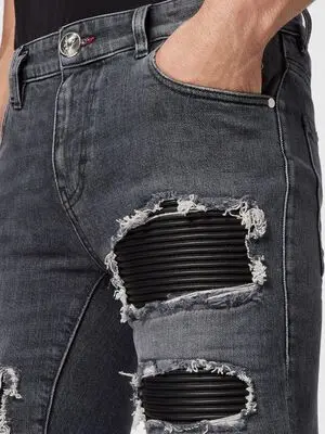 Philipp Plein Skinny Fit Cotton Denim Jeans With Distressed Effect - Grey