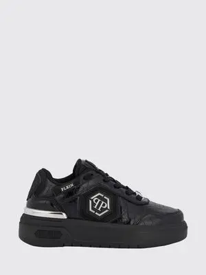 Philipp Plein Sk8r Low-top Sneakers In Leather And Mesh With Croc Print And Hexagon Logo - Black