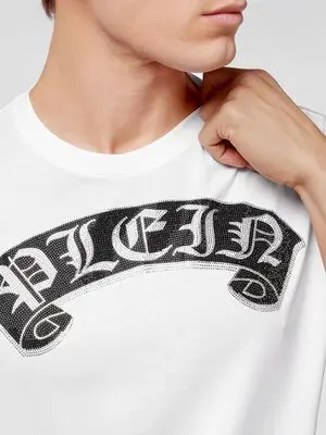 Philipp Plein Cotton T-shirt With Embroidered Logo And Rhinestone Application - White