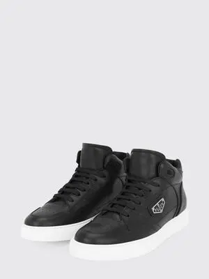 Philipp Plein High-top Lace-up Sneakers In Smooth Leather With Perforated Toe - Black