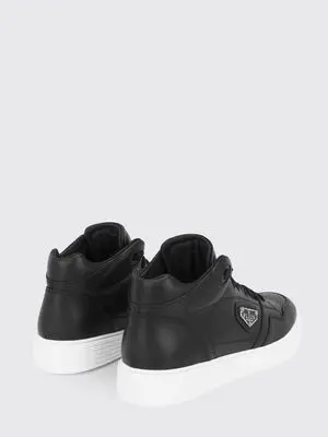 Philipp Plein High-top Lace-up Sneakers In Smooth Leather With Perforated Toe - Black