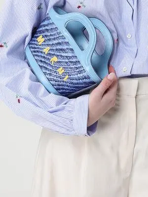 Marni Tropicalia Mini Raffia And Leather Bag With Embroidered Logo - Blue