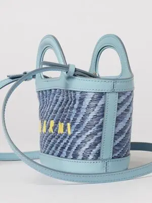 Marni Tropicalia Mini Raffia And Leather Bag With Embroidered Logo - Blue