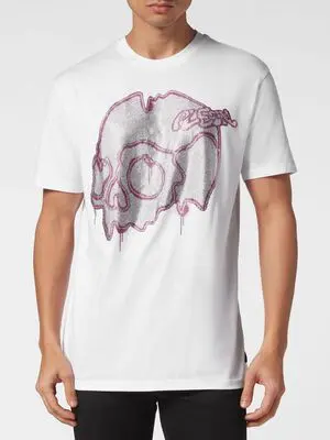 Philipp Plein Rhinestone Skull Logo Cotton Crew Neck T-shirt - White