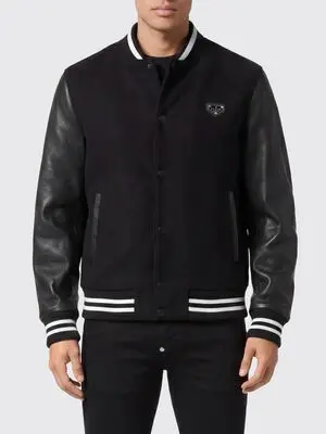 Philipp Plein Wool And Leather Varsity Bomber Jacket With Skull Embroidery And Rhinestones - Black