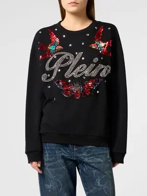 Philipp Plein Crewneck Sweatshirt With Logo And Jewel Embellishments - Black