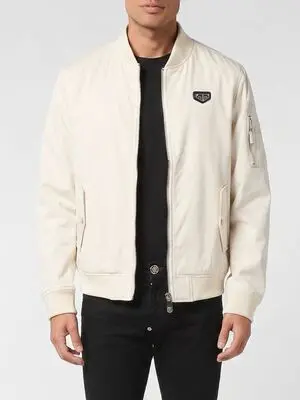 Philipp Plein Technical Fabric Bomber Jacket With Contrasting Logo And Zip Closure - Beige