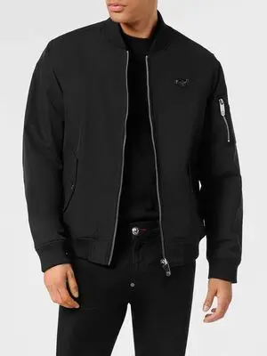 Philipp Plein Technical Fabric Bomber Jacket With Contrasting Logo And Zip Closure - Black