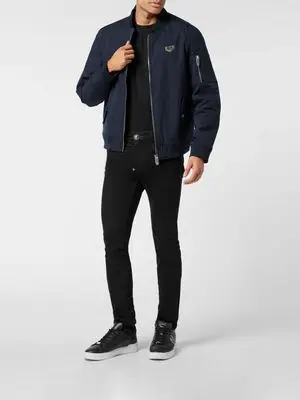 Philipp Plein Technical Fabric Bomber Jacket With Contrasting Logo And Zip Closure - Ink