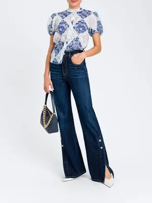 TWINSET Ramie Floral Print Puff Sleeve Shirt