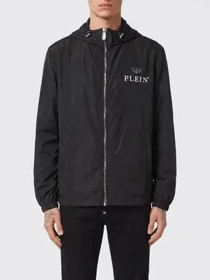 Philipp Plein Technical Fabric Hooded Windbreaker Jacket With Logo Print - Black