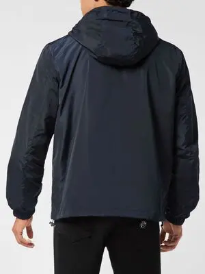 Philipp Plein Technical Fabric Hooded Windbreaker Jacket With Logo Print - Blue