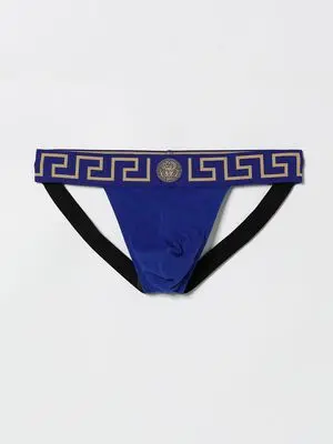 Versace Stretch Cotton Jockstrap With Jacquard Logo - Blue
