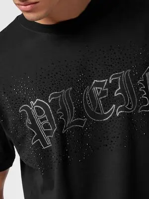Philipp Plein Cotton Crew Neck T-shirt With Rhinestone Logo Lettering - Black