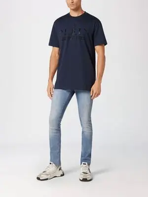 Philipp Plein Cotton Crew Neck T-shirt With Rhinestone Logo Lettering - Blue