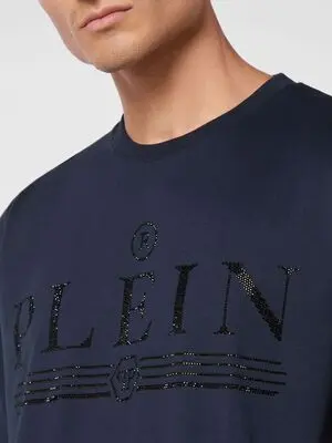Philipp Plein Cotton Crew Neck T-shirt With Rhinestone Logo Lettering - Blue