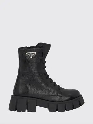 Philipp Plein Lace-up Combat Boots In Grained Leather With Lug Sole And Heel - Black