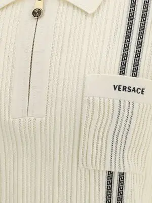 Versace Cotton Knit Polo With Greca Pattern And Zip Closure