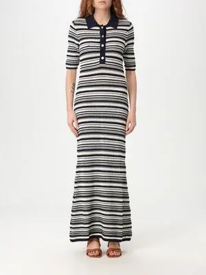 TWINSET Striped Knit Maxi Dress With Mandarin Collar - Blue